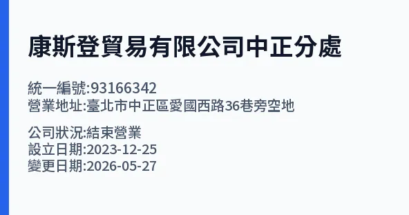 康斯登貿易有限公司中正分處的照片-統編 93166342(臺北市) 公司登記資料與營業項目詳細圖表