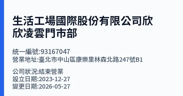 生活工場國際股份有限公司欣欣凌雲門市部的照片-統編 93167047(臺北市) 公司登記資料與營業項目詳細圖表
