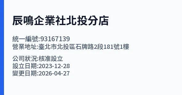 辰鳴企業社北投分店的照片-統編 93167139(臺北市) 公司登記資料與營業項目詳細圖表