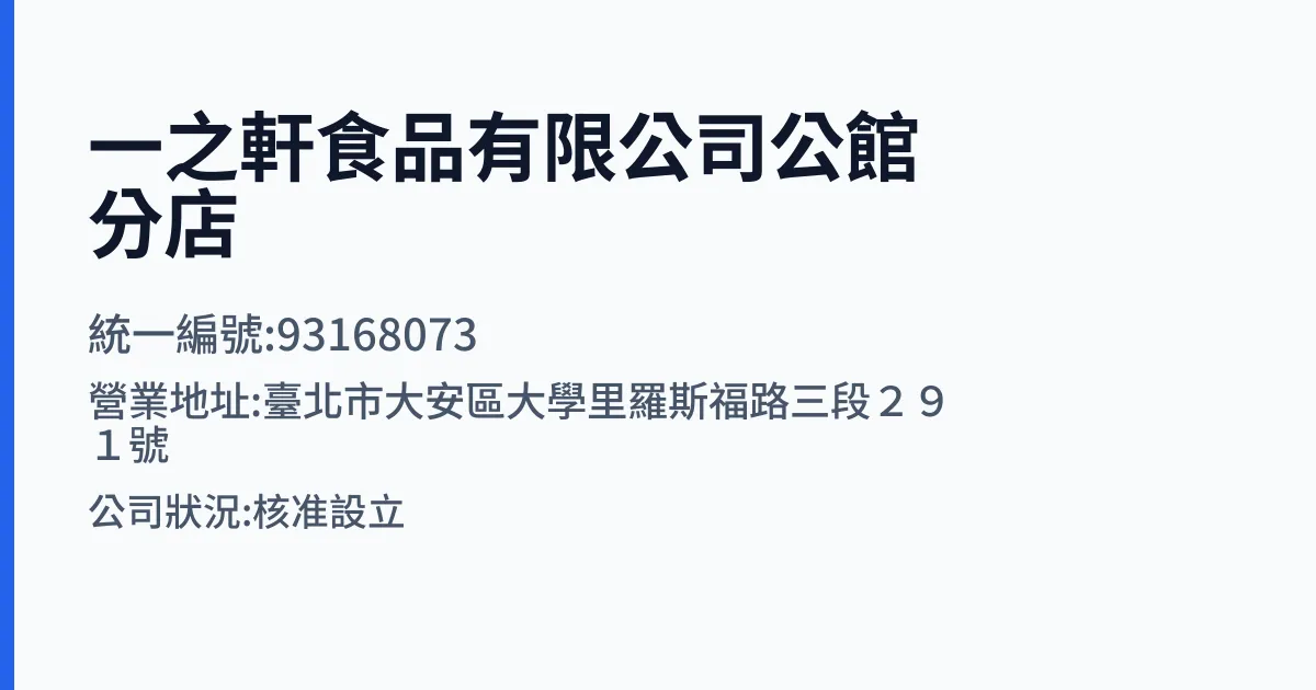 一之軒食品有限公司公館分店 - 統編 93168073(臺北市) 公司登記資料與營業項目詳細圖表