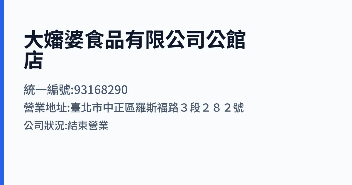 大嬸婆食品有限公司公館店 - 統編 93168290(臺北市) 公司登記資料與營業項目詳細圖表