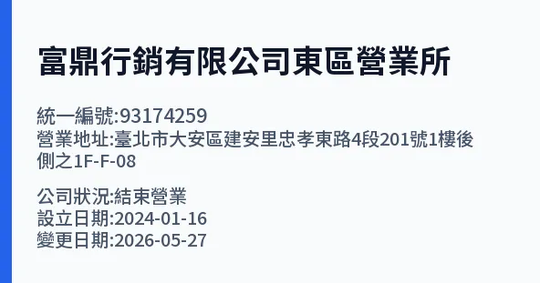 富鼎行銷有限公司東區營業所的照片-統編 93174259(臺北市) 公司登記資料與營業項目詳細圖表