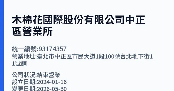 木棉花國際股份有限公司中正區營業所的照片-統編 93174357(臺北市) 公司登記資料與營業項目詳細圖表