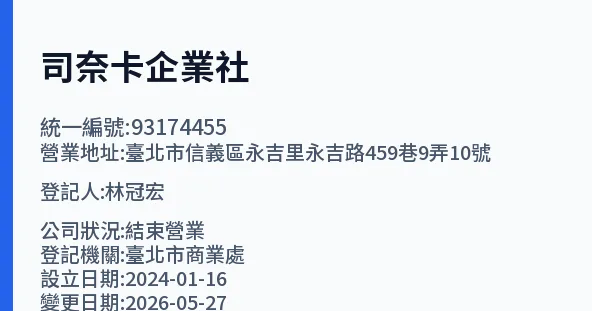 司奈卡企業社的照片-統編 93174455(臺北市) 公司登記資料與營業項目詳細圖表