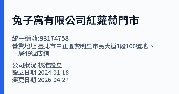 兔子窩有限公司紅蘿蔔門市的照片-統編 93174758(臺北市) 公司登記資料與營業項目詳細圖表