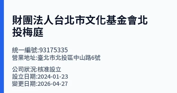 財團法人台北市文化基金會北投梅庭的照片-統編 93175335(臺北市) 公司登記資料與營業項目詳細圖表