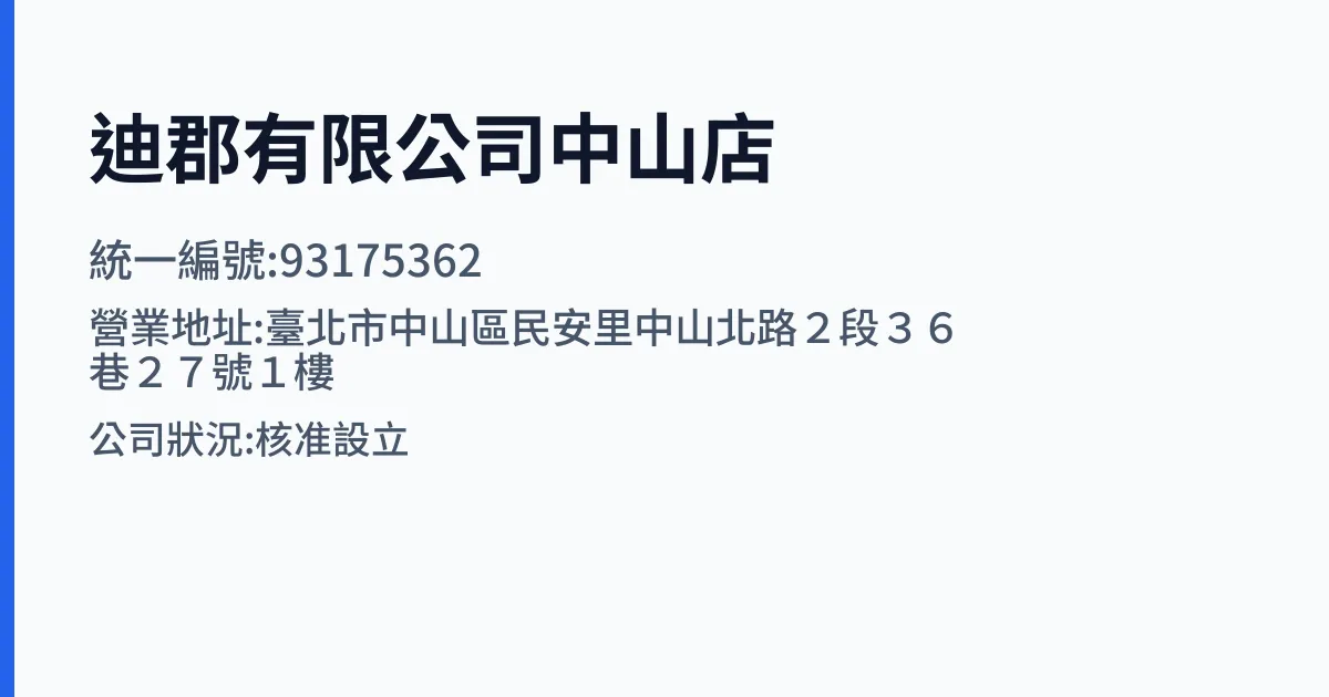 迪郡有限公司中山店 - 統編 93175362（臺北市） 公司登記資料與營業項目詳細圖表