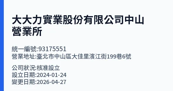 大大力實業股份有限公司中山營業所的照片-統編 93175551(臺北市) 公司登記資料與營業項目詳細圖表