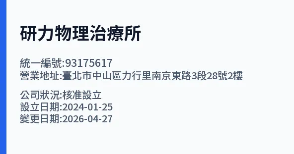 研力物理治療所的照片-統編 93175617(臺北市) 公司登記資料與營業項目詳細圖表