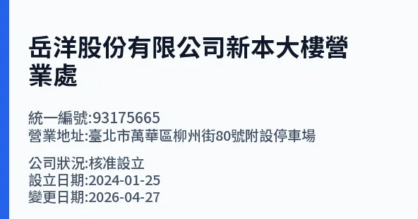 岳洋股份有限公司新本大樓營業處的照片-統編 93175665(臺北市) 公司登記資料與營業項目詳細圖表