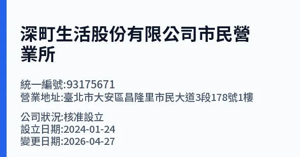 深町生活股份有限公司市民營業所的照片-統編 93175671(臺北市) 公司登記資料與營業項目詳細圖表