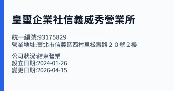 皇璽企業社信義威秀營業所的照片-統編 93175829(臺北市) 公司登記資料與營業項目詳細圖表