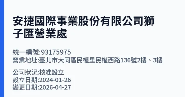 安捷國際事業股份有限公司獅子匯營業處的照片-統編 93175975(臺北市) 公司登記資料與營業項目詳細圖表
