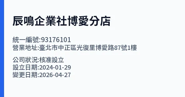 辰鳴企業社博愛分店的照片-統編 93176101(臺北市) 公司登記資料與營業項目詳細圖表