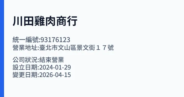 川田雞肉商行的照片-統編 93176123(臺北市) 公司登記資料與營業項目詳細圖表