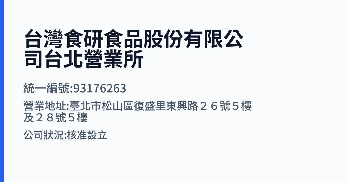 台灣食研食品股份有限公司台北營業所 - 統編 93176263(臺北市) 公司登記資料與營業項目詳細圖表