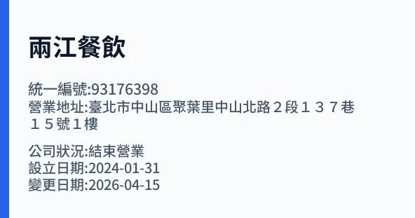 兩江餐飲的照片-統編 93176398(臺北市) 公司登記資料與營業項目詳細圖表