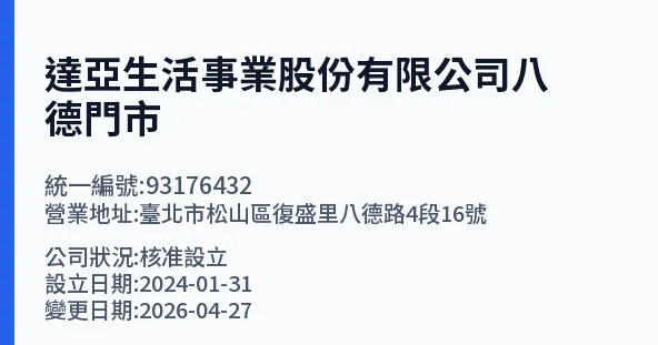 達亞生活事業股份有限公司八德門市的照片-統編 93176432(臺北市) 公司登記資料與營業項目詳細圖表