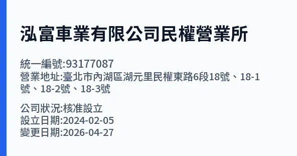 泓富車業有限公司民權營業所的照片-統編 93177087(臺北市) 公司登記資料與營業項目詳細圖表