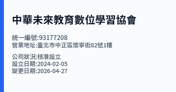 中華未來教育數位學習協會的照片-統編 93177208(臺北市) 公司登記資料與營業項目詳細圖表