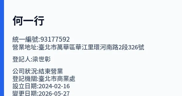 何一行的照片-統編 93177592(臺北市) 公司登記資料與營業項目詳細圖表