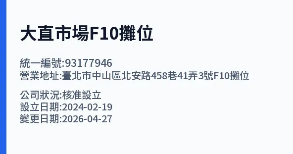 大直市場F10攤位的照片-統編 93177946(臺北市) 公司登記資料與營業項目詳細圖表