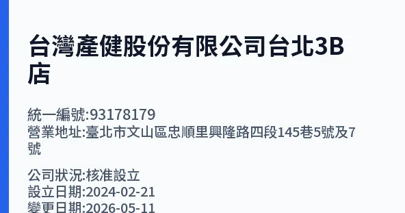 台灣產健股份有限公司台北3B店的照片-統編 93178179(臺北市) 公司登記資料與營業項目詳細圖表