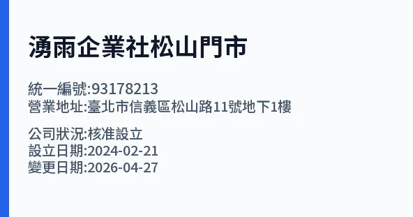 湧雨企業社松山門市的照片-統編 93178213(臺北市) 公司登記資料與營業項目詳細圖表