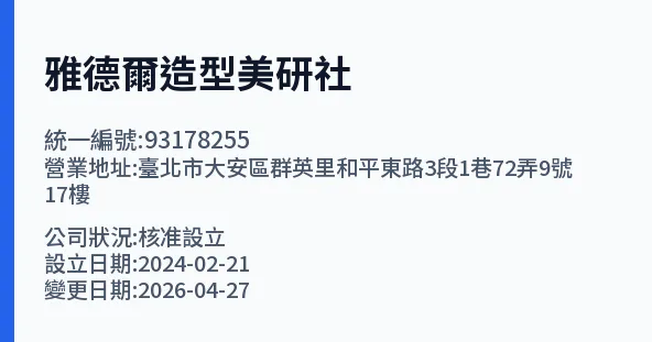 雅德爾造型美研社的照片-統編 93178255(臺北市) 公司登記資料與營業項目詳細圖表