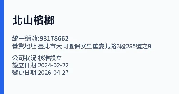 北山檳榔的照片-統編 93178662(臺北市) 公司登記資料與營業項目詳細圖表