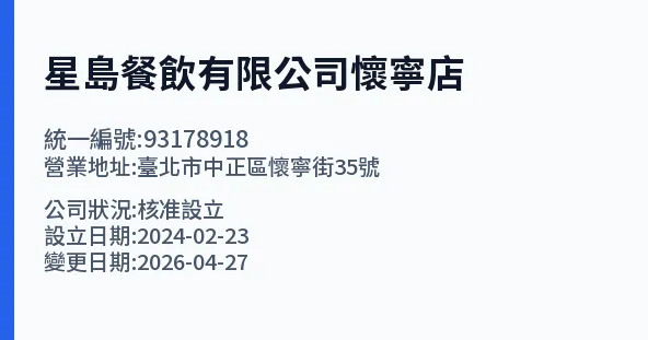 星島餐飲有限公司懷寧店的照片-統編 93178918(臺北市) 公司登記資料與營業項目詳細圖表
