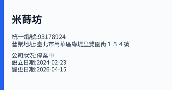 米蒔坊的照片-統編 93178924(臺北市) 公司登記資料與營業項目詳細圖表