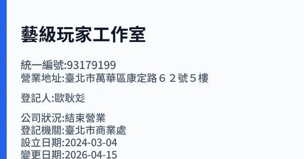 藝級玩家工作室的照片-統編 93179199(臺北市) 公司登記資料與營業項目詳細圖表