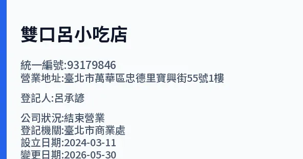 雙口呂小吃店的照片-統編 93179846(臺北市) 公司登記資料與營業項目詳細圖表