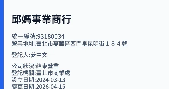 邱媽事業商行的照片-統編 93180034(臺北市) 公司登記資料與營業項目詳細圖表