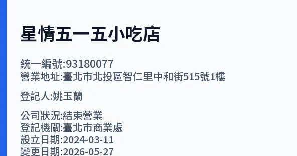 星情五一五小吃店的照片-統編 93180077(臺北市) 公司登記資料與營業項目詳細圖表