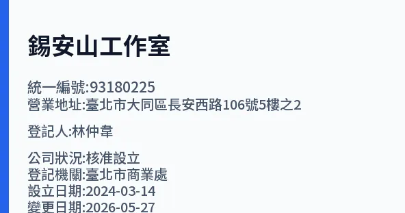 錫安山工作室的照片-統編 93180225(臺北市) 公司登記資料與營業項目詳細圖表