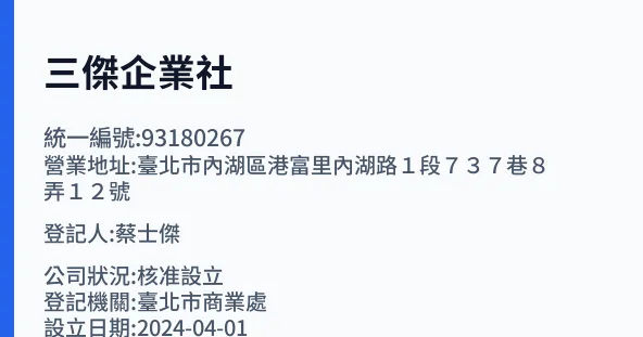 三傑企業社的照片-統編 93180267(臺北市) 公司登記資料與營業項目詳細圖表
