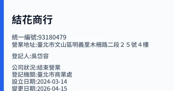 結花商行的照片-統編 93180479(臺北市) 公司登記資料與營業項目詳細圖表