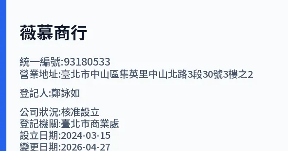 薇慕商行的照片-統編 93180533(臺北市) 公司登記資料與營業項目詳細圖表