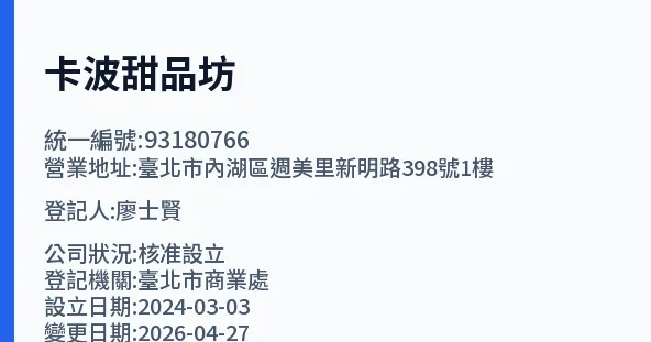 卡波甜品坊的照片-統編 93180766(臺北市) 公司登記資料與營業項目詳細圖表