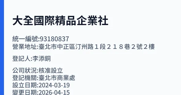 大全國際精品企業社的照片-統編 93180837(臺北市) 公司登記資料與營業項目詳細圖表
