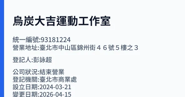 烏炭大吉運動工作室的照片-統編 93181224(臺北市) 公司登記資料與營業項目詳細圖表