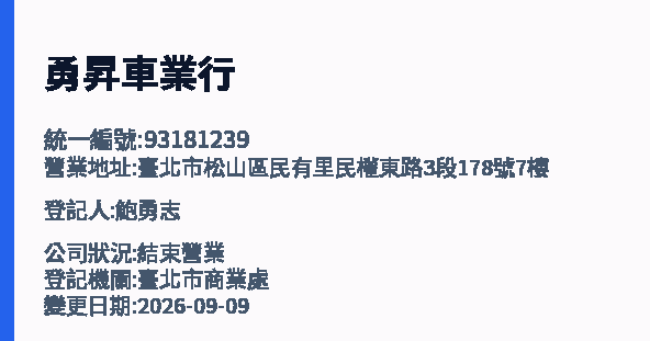 勇昇車業行的照片-統編 93181239(臺北市) 公司登記資料與營業項目詳細圖表