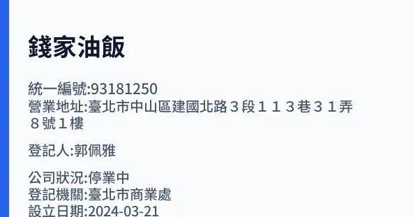 錢家油飯的照片-統編 93181250(臺北市) 公司登記資料與營業項目詳細圖表