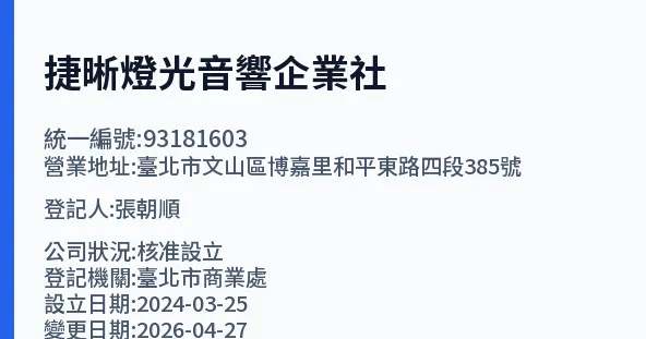 捷晰燈光音響企業社的照片-統編 93181603(臺北市) 公司登記資料與營業項目詳細圖表