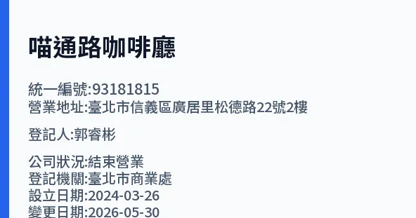 喵通路咖啡廳的照片-統編 93181815(臺北市) 公司登記資料與營業項目詳細圖表