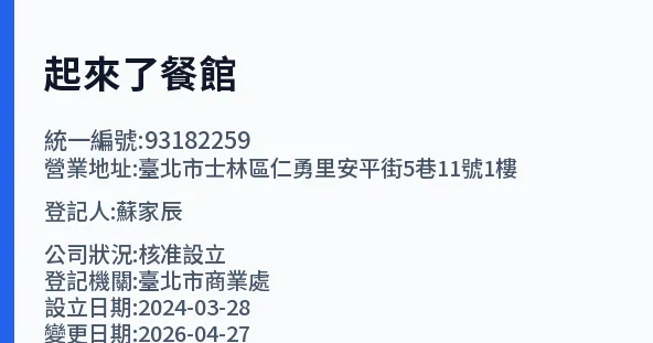 起來了餐館的照片-統編 93182259(臺北市) 公司登記資料與營業項目詳細圖表