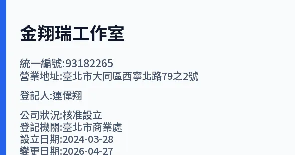 金翔瑞工作室的照片-統編 93182265(臺北市) 公司登記資料與營業項目詳細圖表