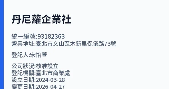 丹尼蘿企業社的照片-統編 93182363(臺北市) 公司登記資料與營業項目詳細圖表